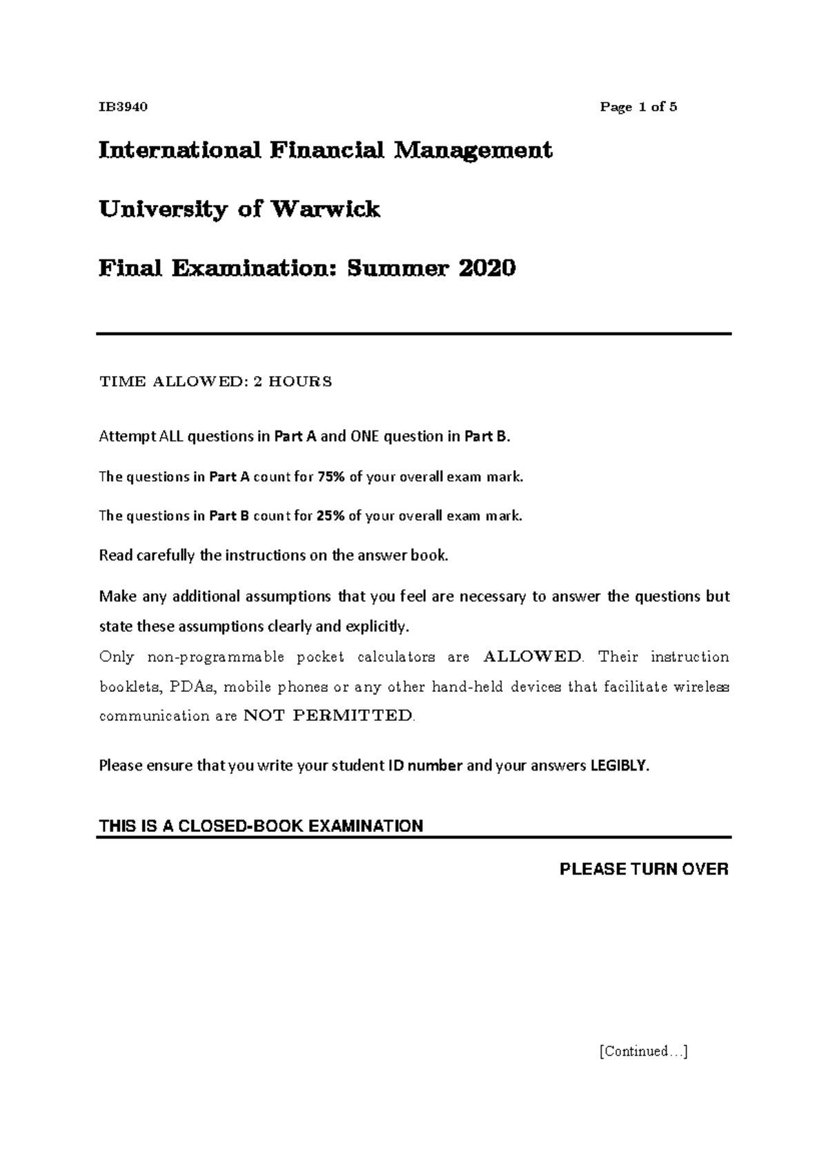 International Financial Management Final Exam Paper IB394 Summer 2020 ...