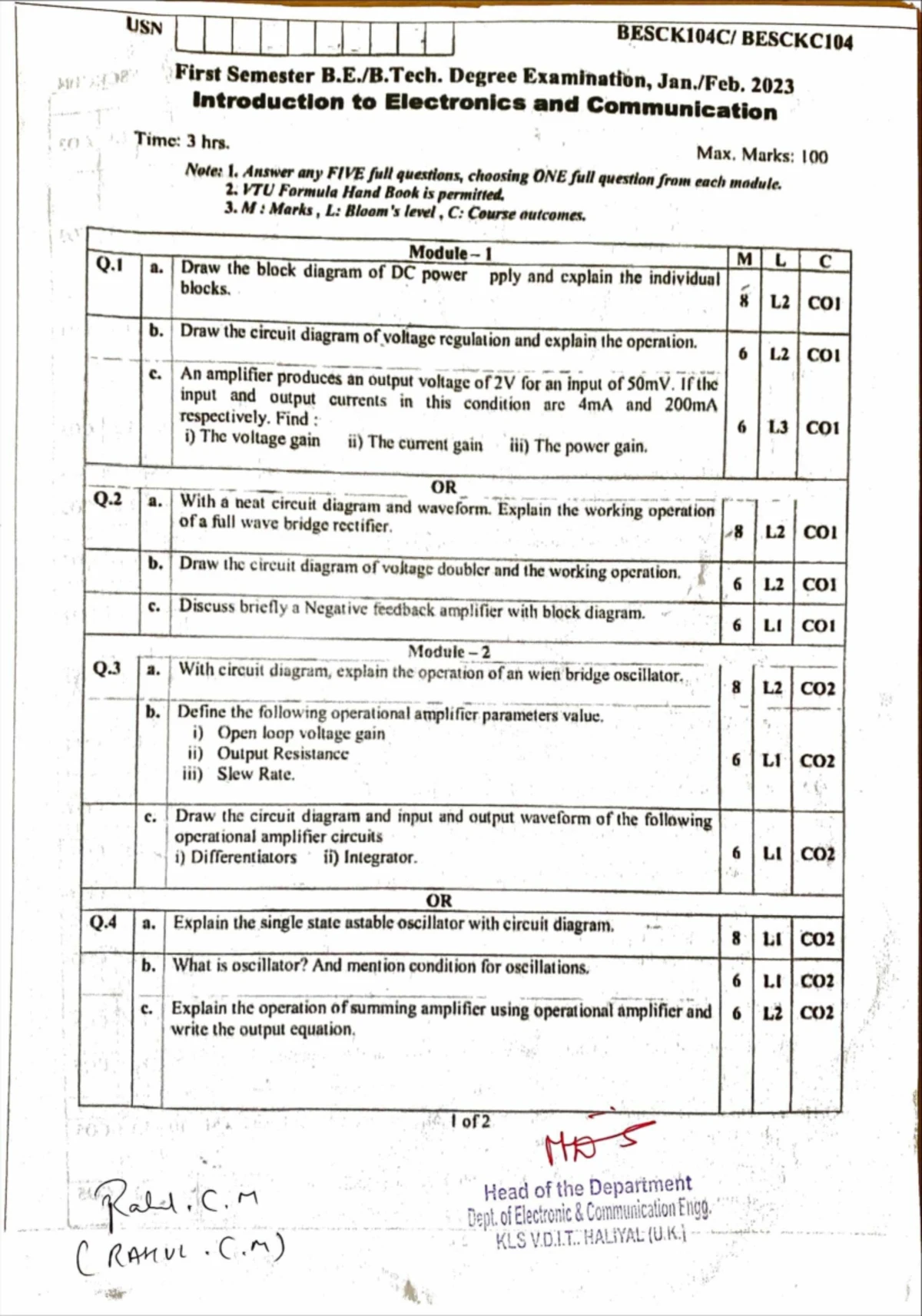 VTU Question Paper: BESCK 204E C Programming June-July 2023 Exam - Studocu