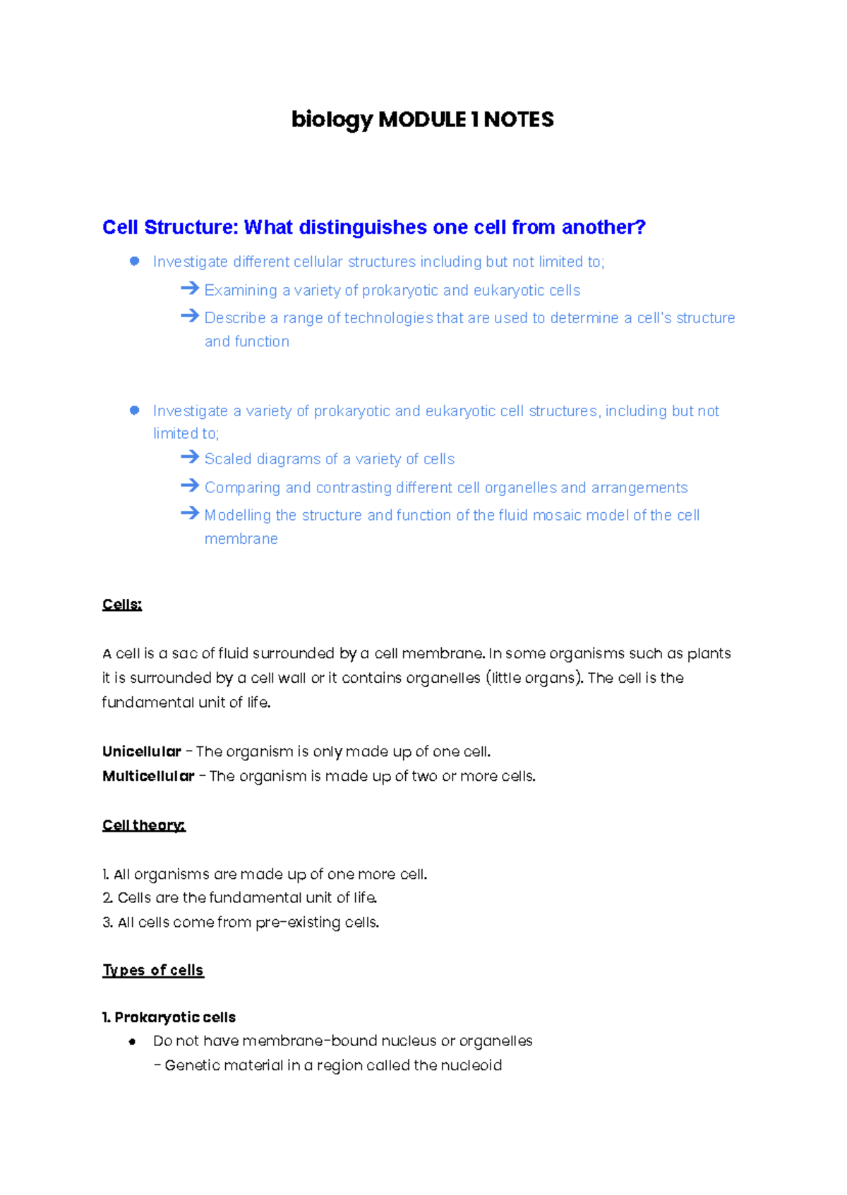 Biology 101: Module 1 Notes on Cell Structure and Function - Studocu