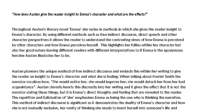 Essay 1 - Emma: Insight into Character Through Literary Techniques ...