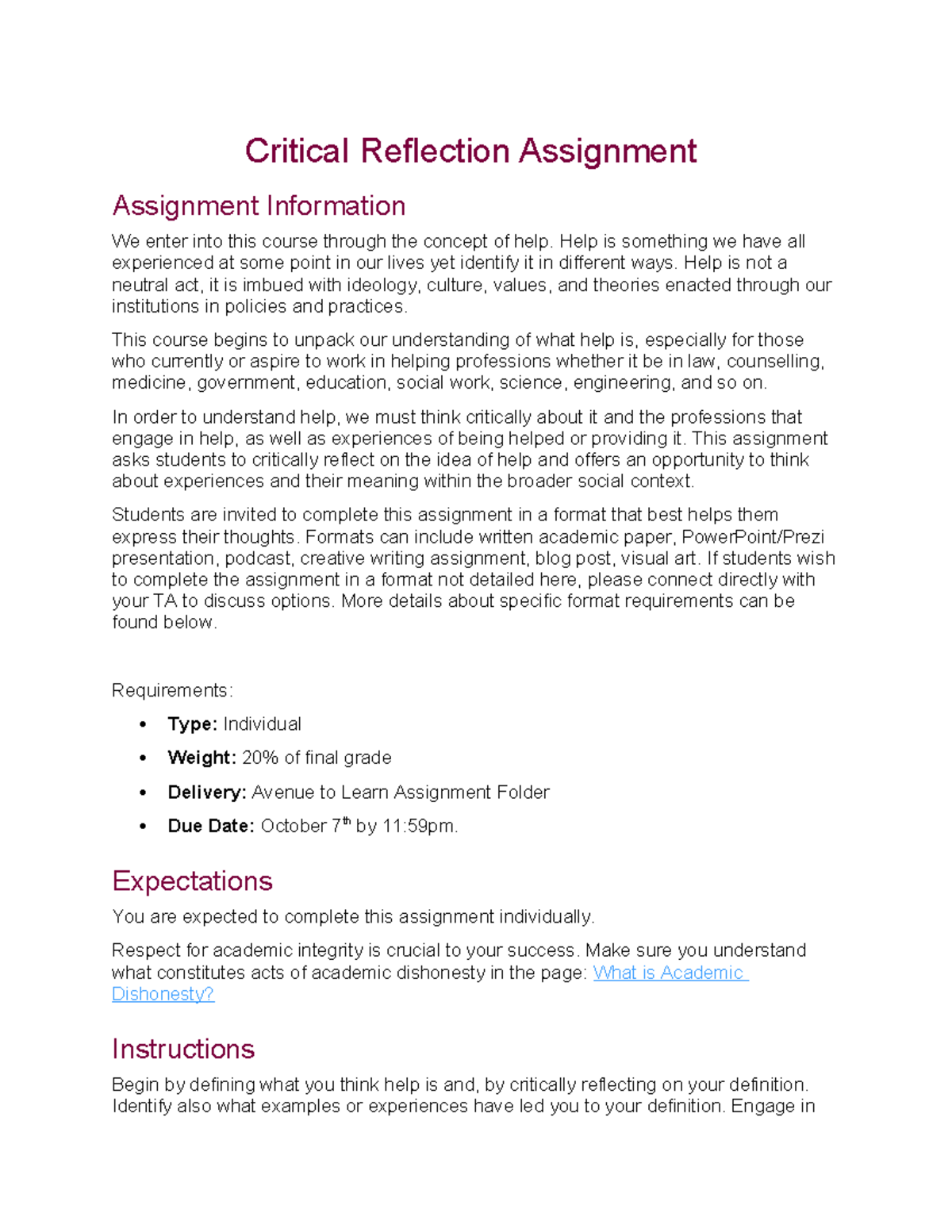 1AA3 2022 Critical Reflection Assignment on the Concept of Help - Studocu