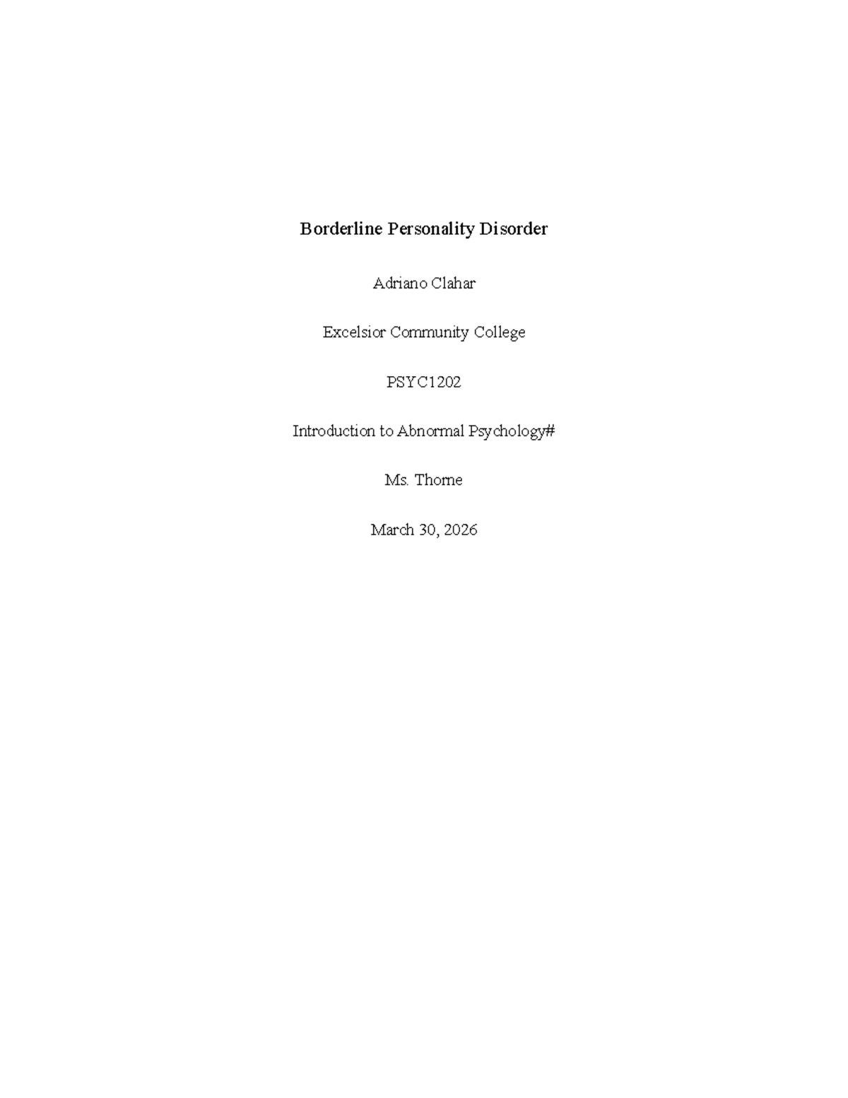 Borderline Personality Disorder Overview - PSYC1202 Lecture Notes - Studocu