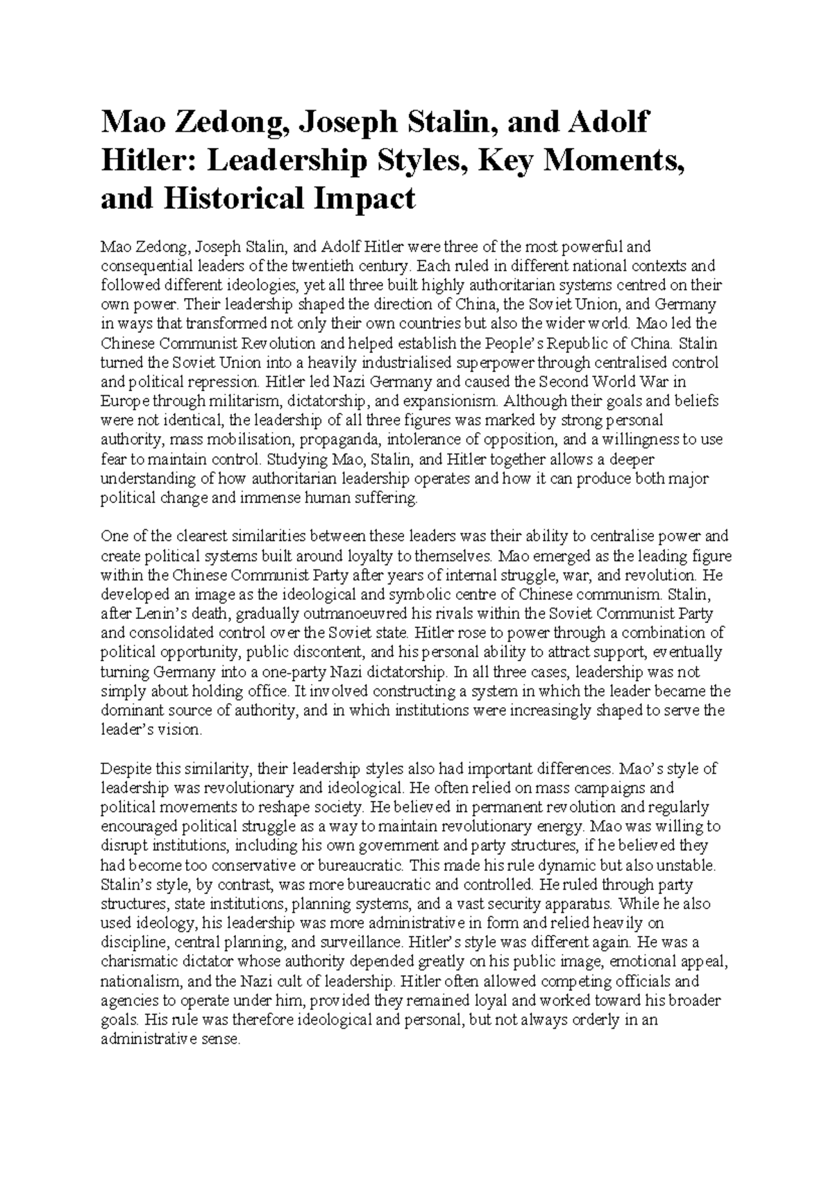 Mao, Stalin, Hitler: Leadership Styles & Historical Impact Essay - Studocu