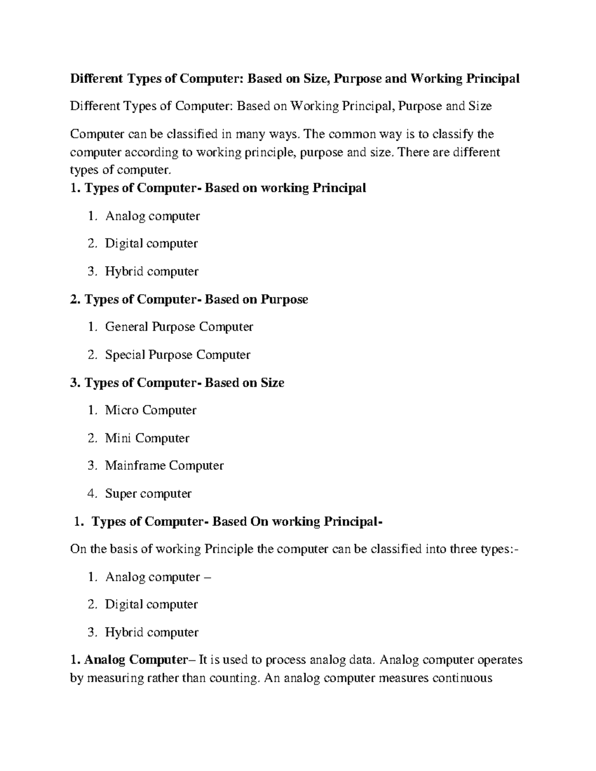 Different Types of Computer G-6 - Different Types of Computer: Based on ...