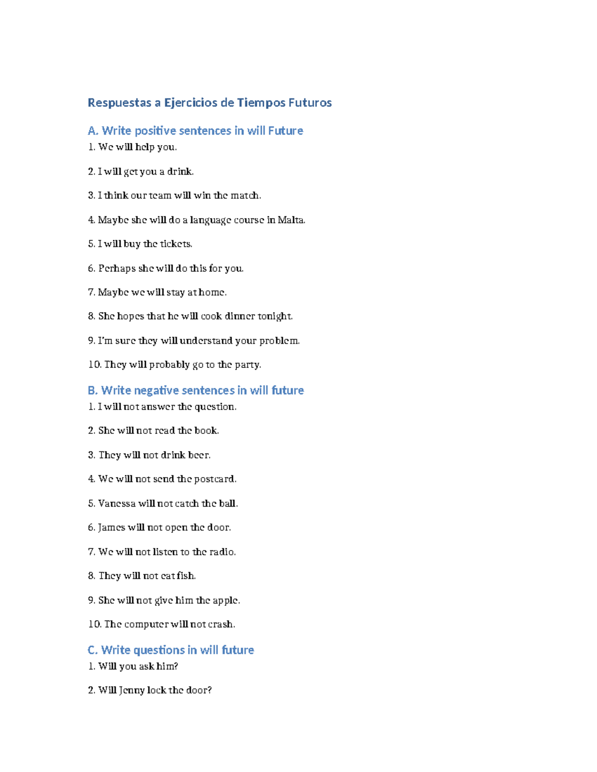 Ejercicios Resueltos de Tiempos Futuros (Futuro Simple) - Studocu