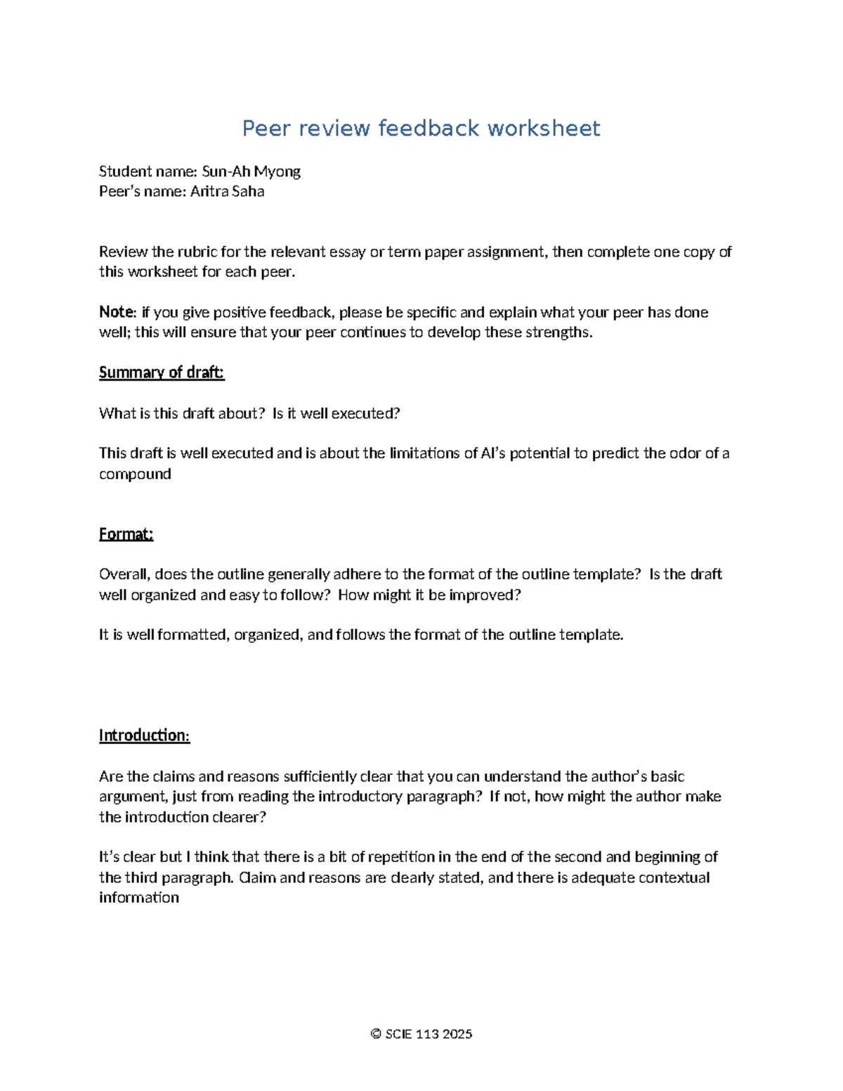 SCIE 113 2025 Peer Review Feedback Worksheet - Studocu