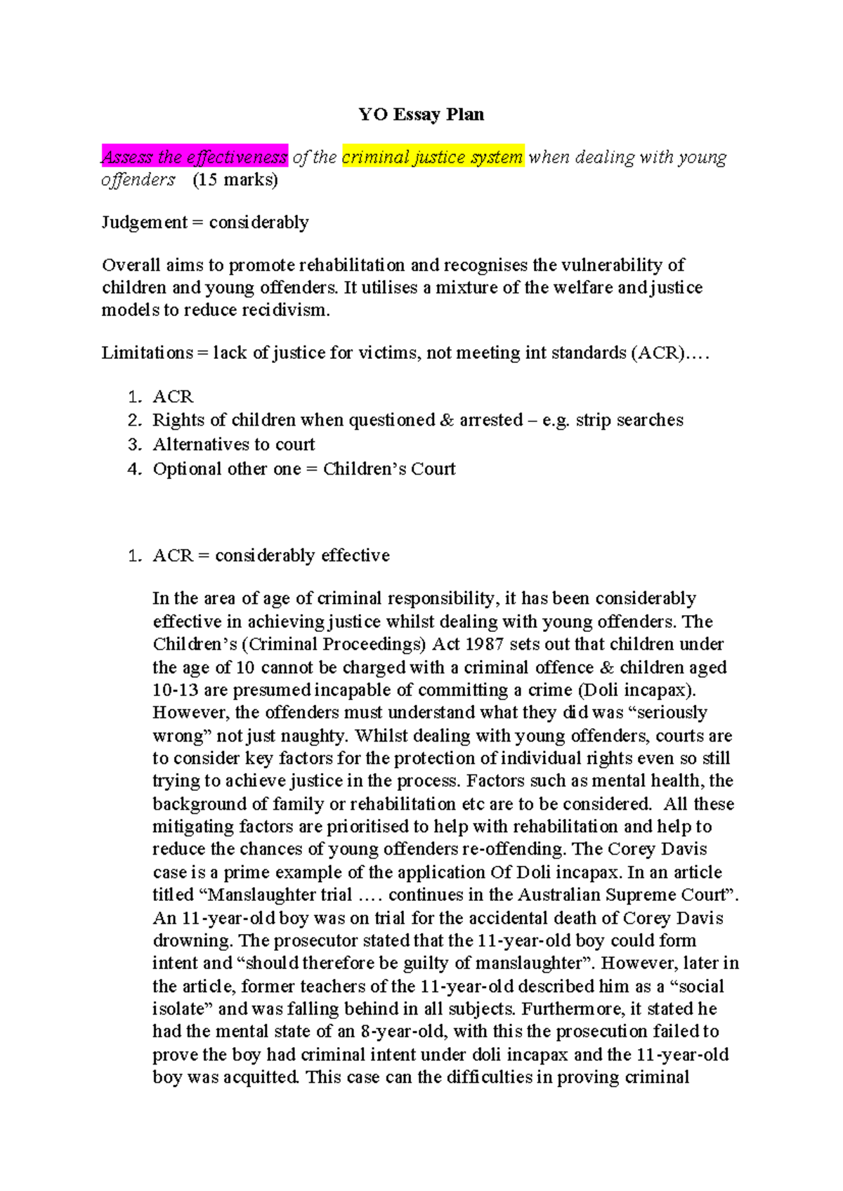 YO Essay Plan: Evaluating the Criminal Justice System for Young ...