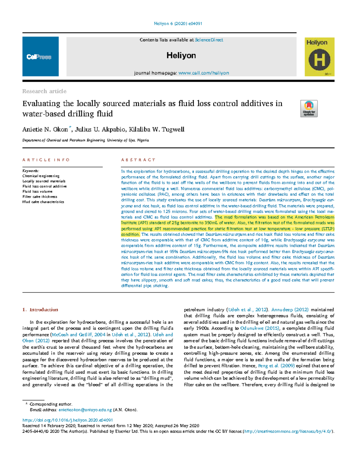 Evaluation of Locally Sourced Materials as Fluid Loss Control Additives ...