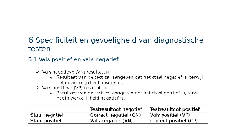 6.1 Specificiteit en Gevoeligheid van Diagnostische Testen - Studocu