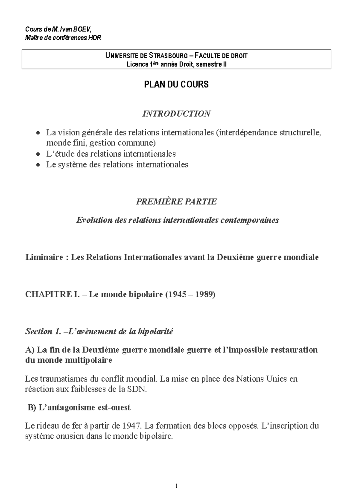 Plan de cours RI 2024-2025 - M. Ivan Boev - Droit 1ère année - Studocu