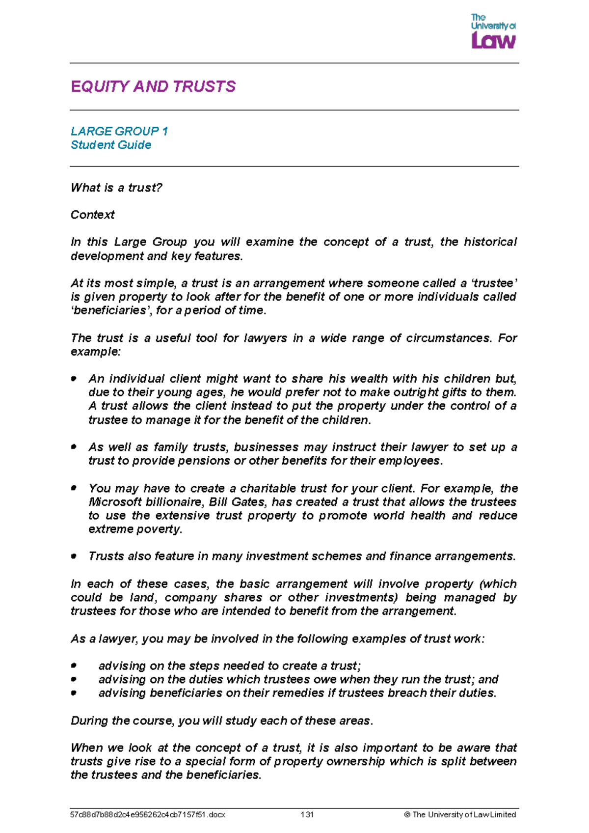 EQUITY AND TRUSTS LG1 - Introduction to Types of Trusts Guide - Studocu