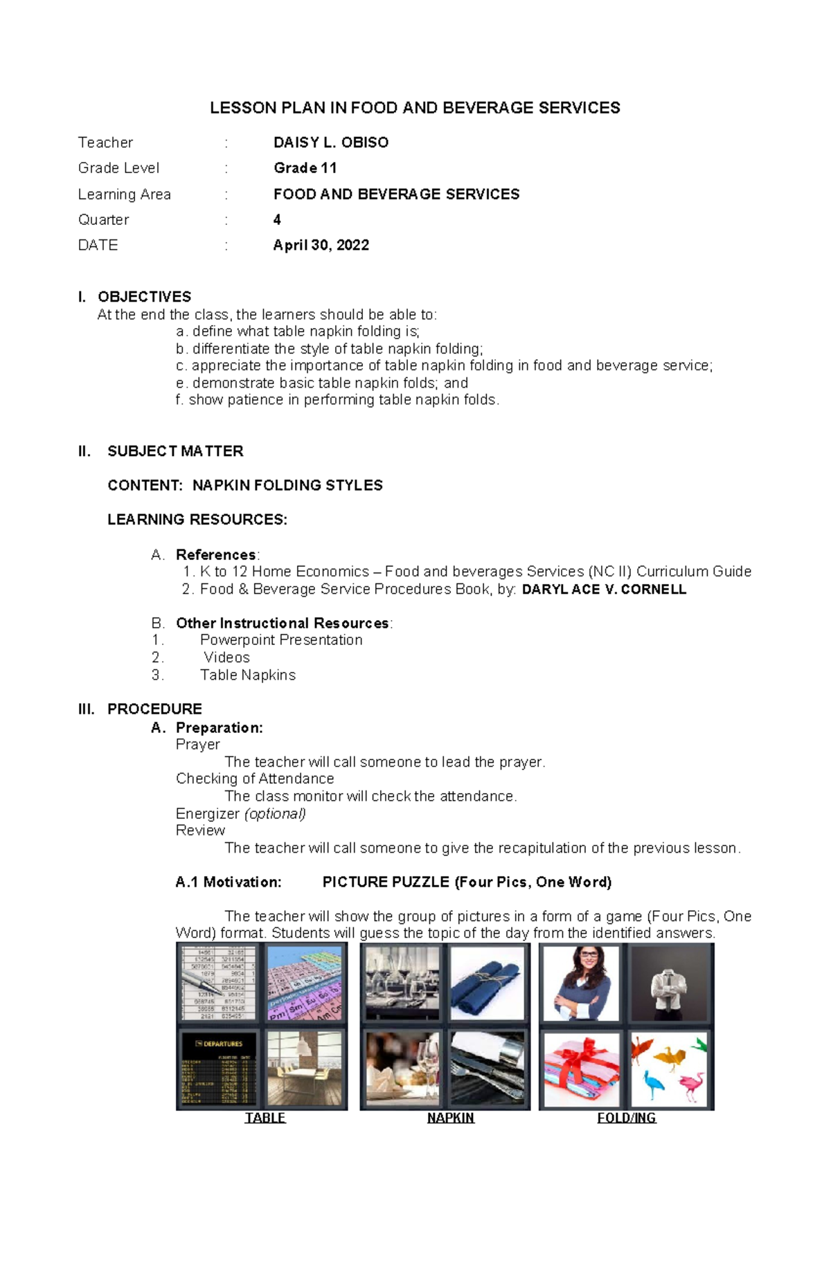 Sample-Lesson-Plan - sample lesson plan for food beverages - LESSON ...