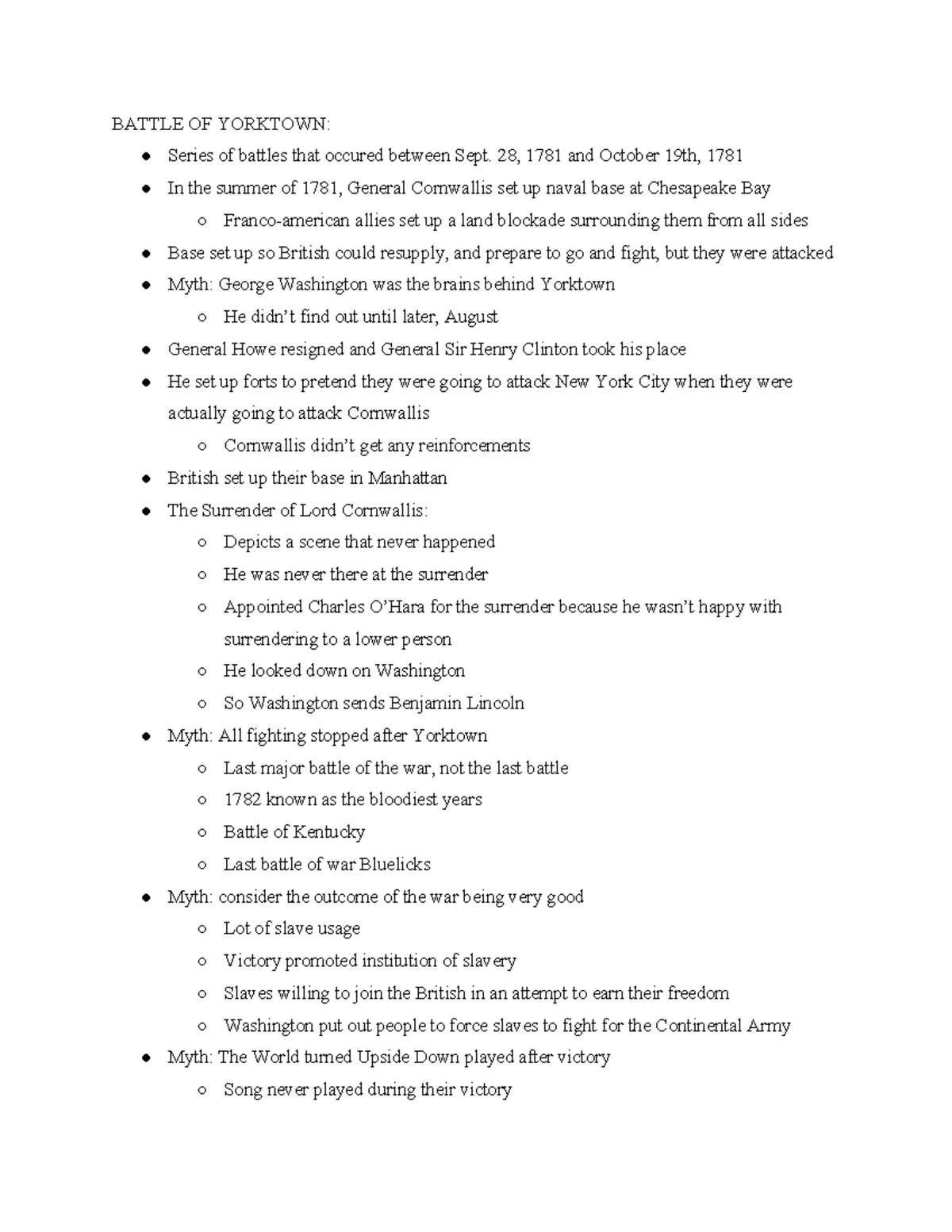 APUSH Exam Notes: The Battle of Yorktown & Myths Explored - Studocu