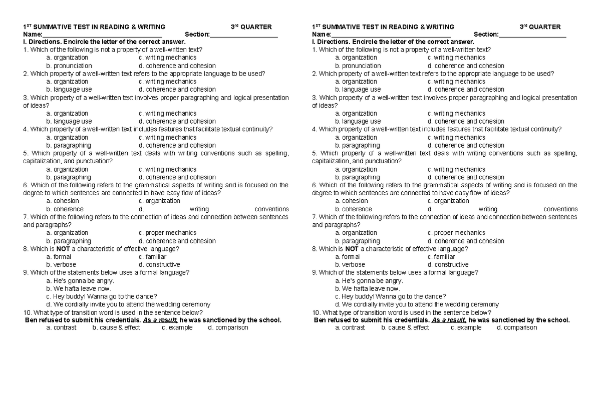 1ST Summative TEST IN Reading - 1 ST SUMMATIVE TEST IN READING ...