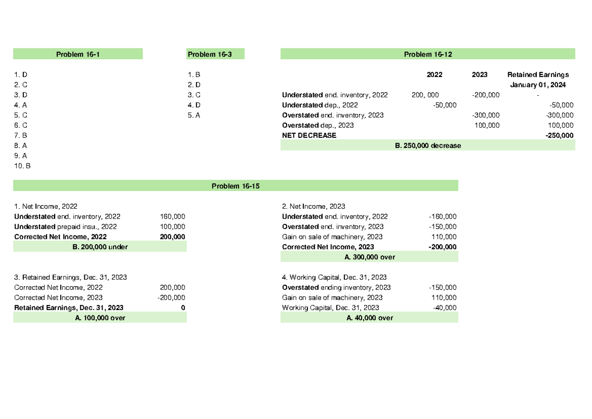 QUIZ4 - IA3 - Problem 16-1 Problem 16- D 1. B 2022 2023 Retained ...