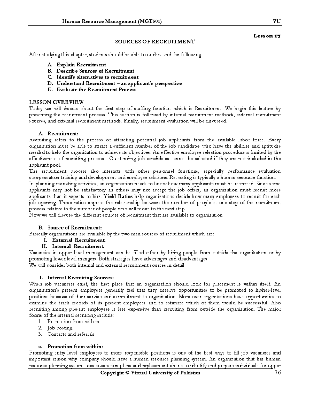 Human Resource Management (MGT501) VU Lesson 17: Recruitment Sources ...