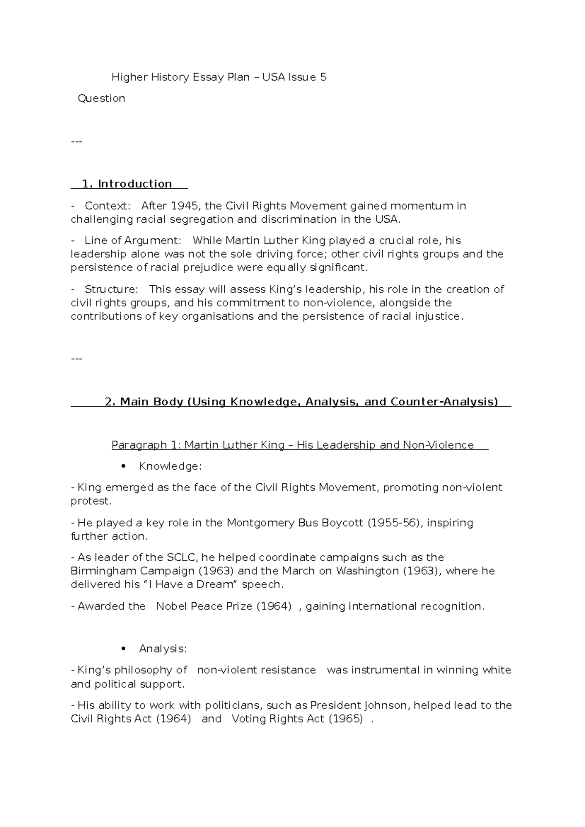 Higher History Essay Plan - USA Issue 5: King & Civil Rights Movement ...
