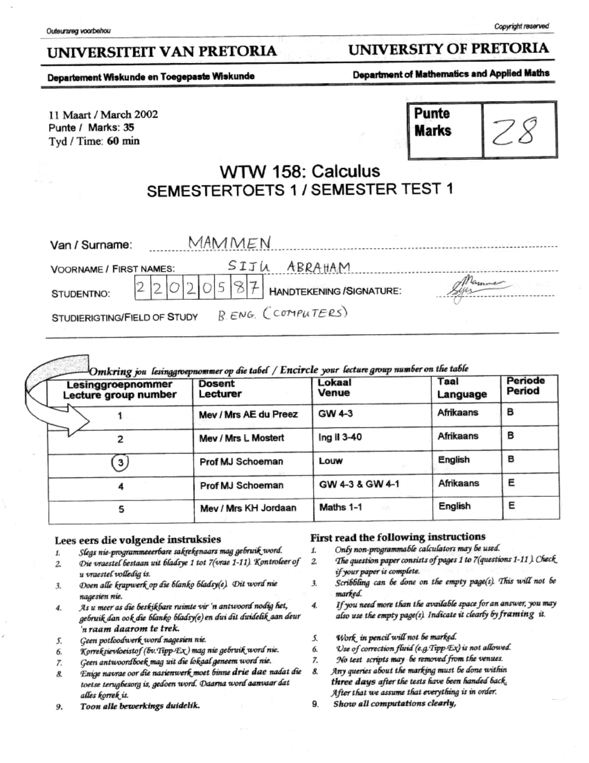 WTW 158: Calculus Semester Test 1 - March 2002 Exam Paper - Studocu