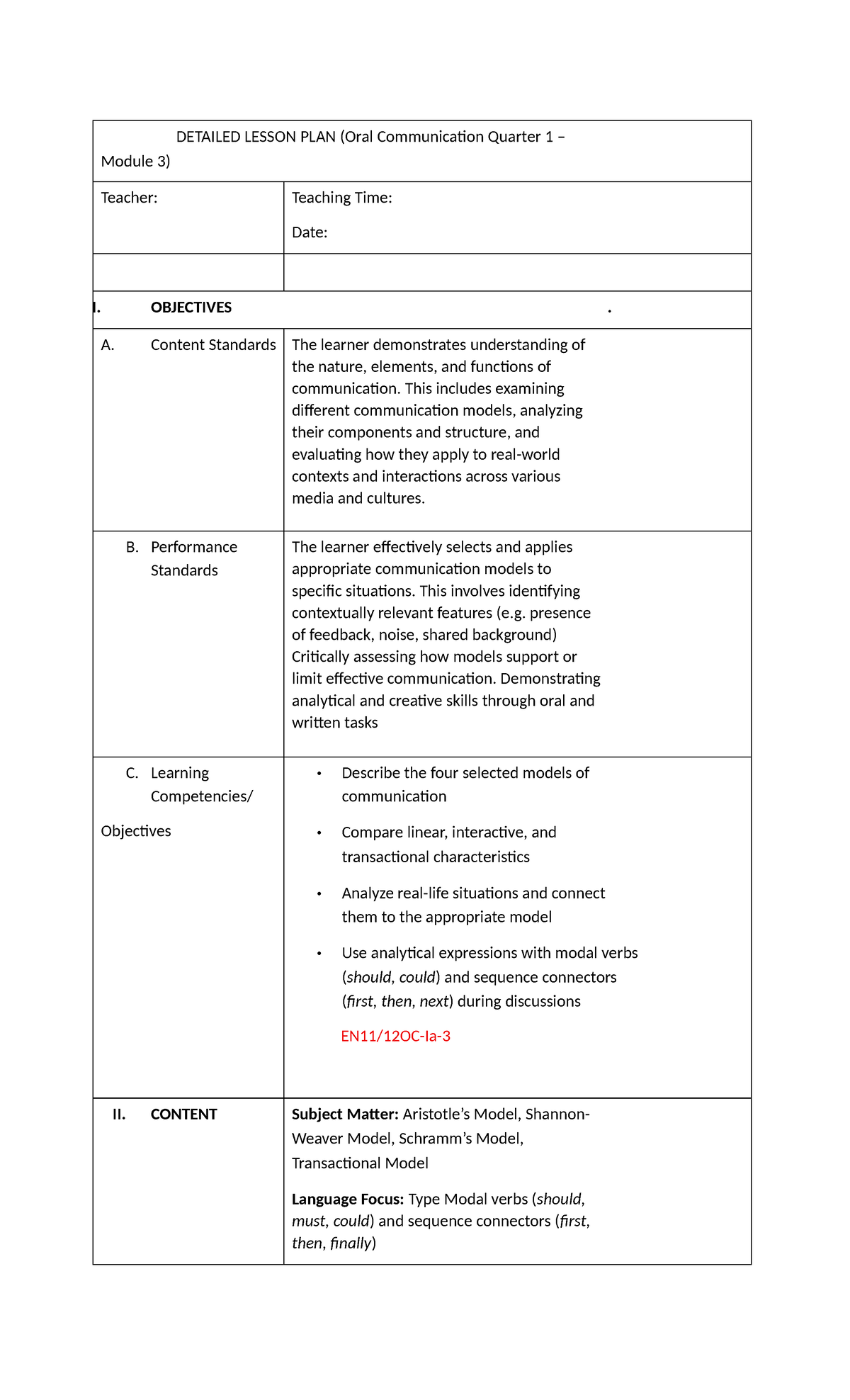 Detailed Lesson Plan: Oral Communication Q1 Module 3 - Communication ...