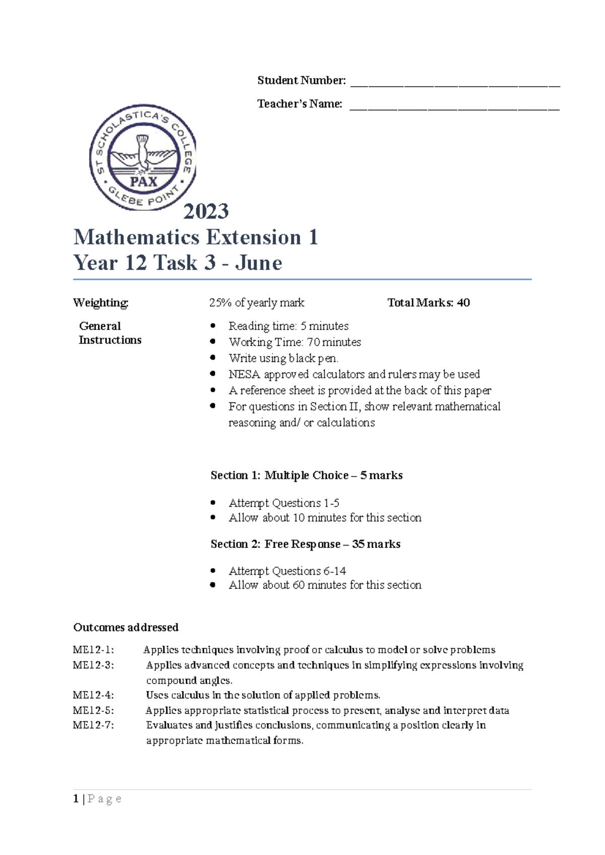 2023 Mathematics Extension 1 Year 12 Task 3 Practice Test - Studocu