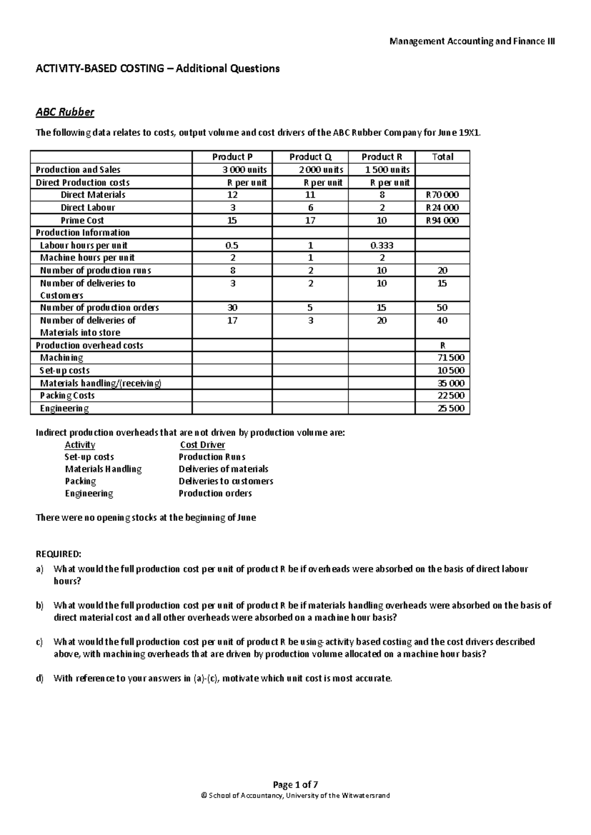 ABC Practice Questions for Management Accounting and Finance (MGT 301 ...
