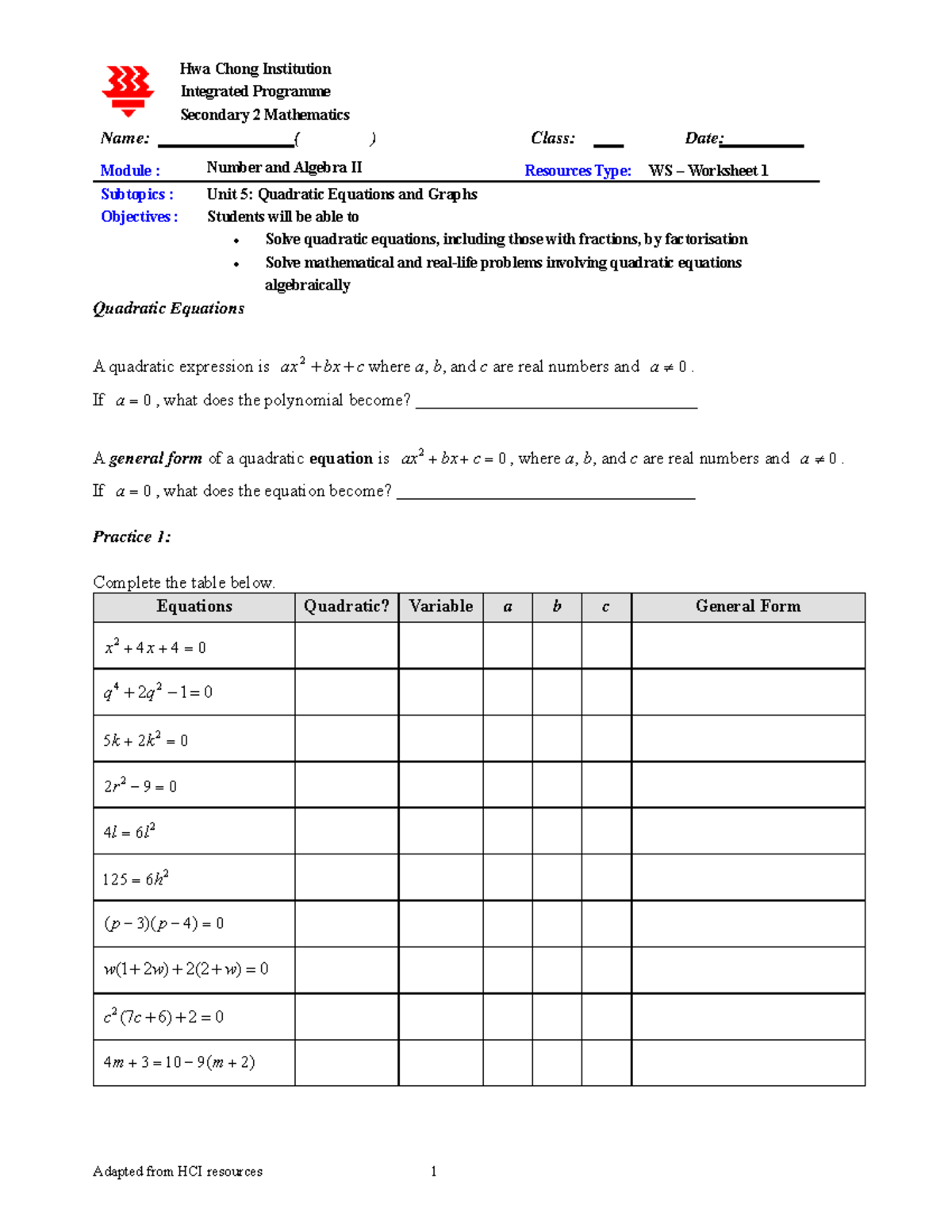 Unit 5 WS1: Quadratic Equations and Graphs - Hwa Chong IP Sec 2 Math ...
