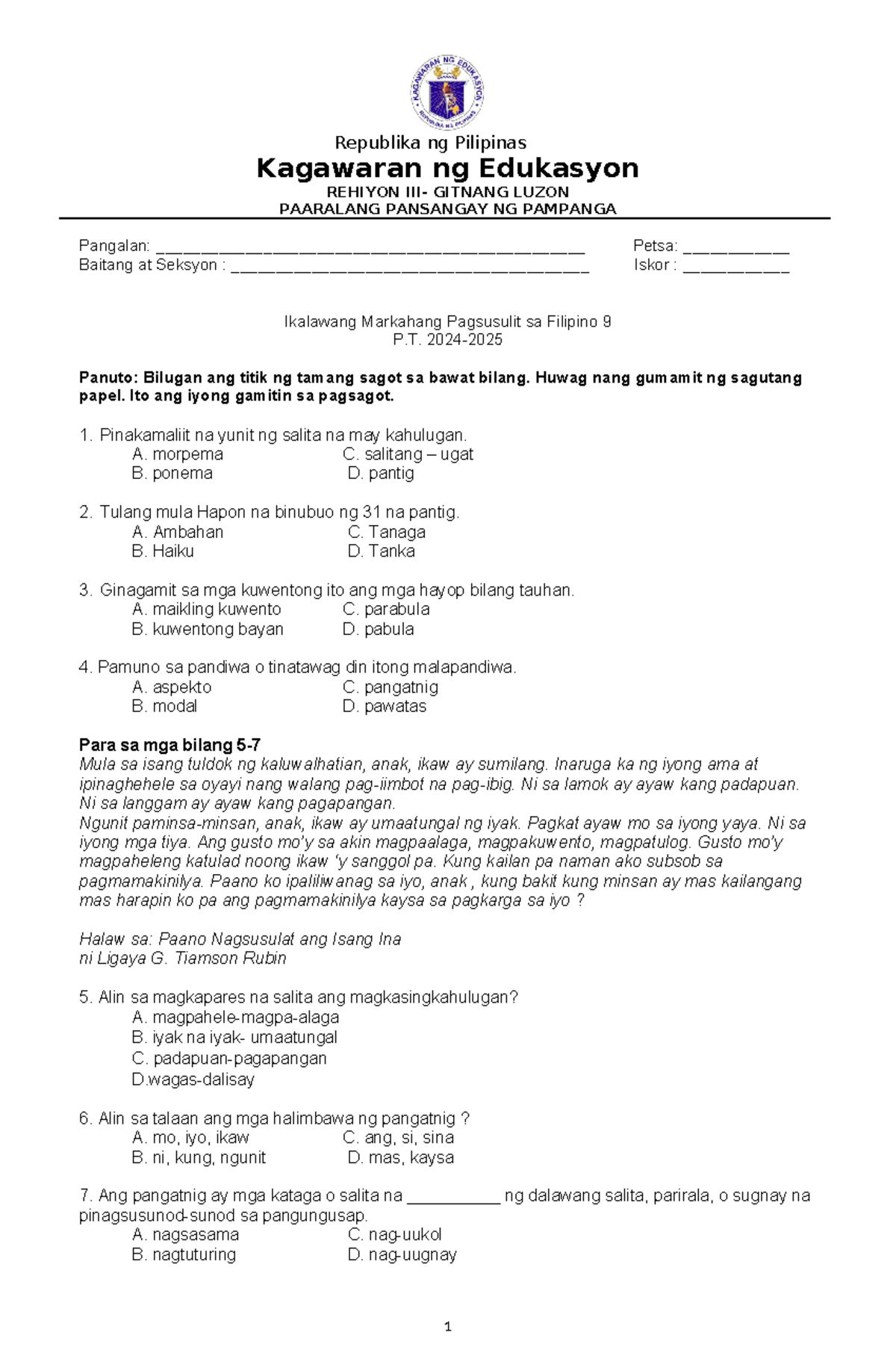 Ikalawang markahang pagsusulit sa filipino 9 - Republika ng Pilipinas ...