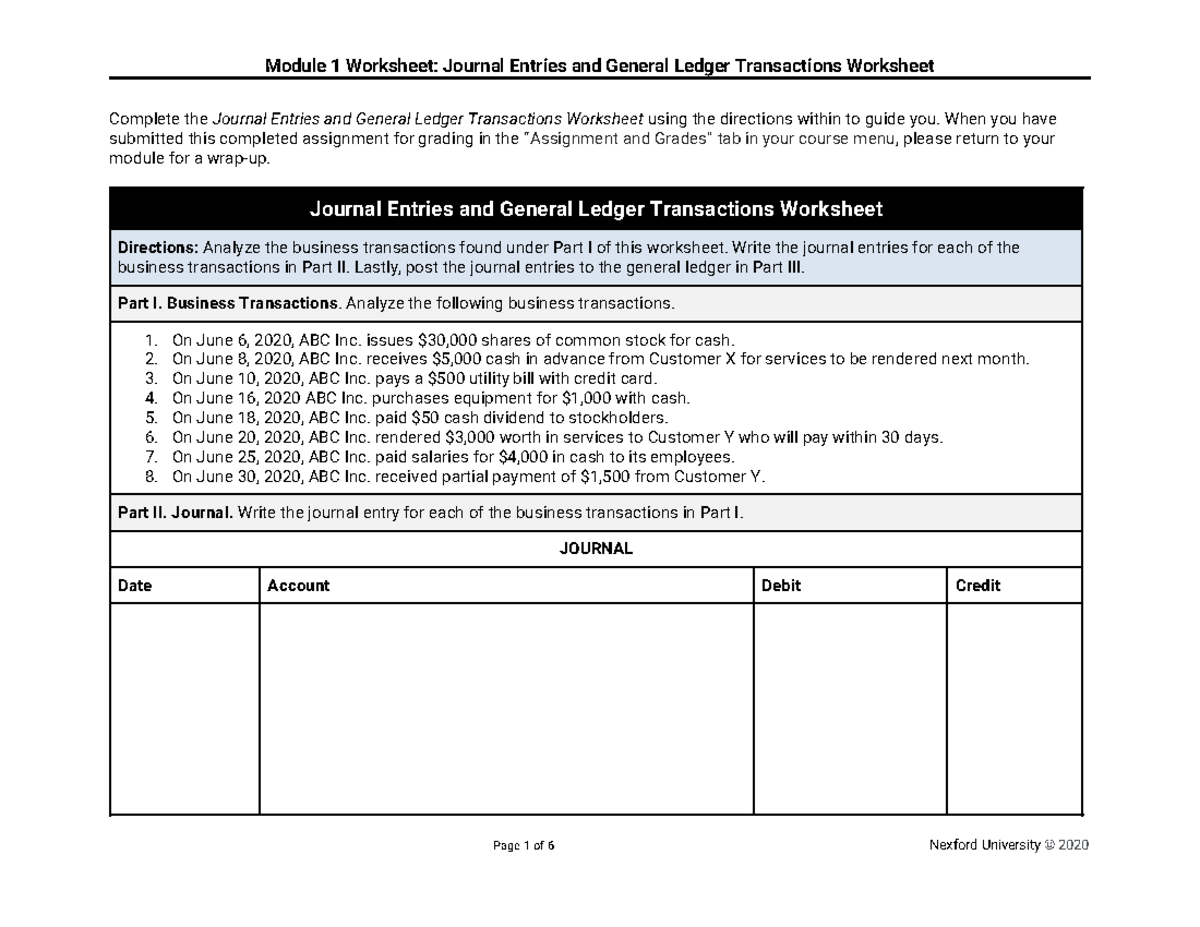 Module 1: Journal Entries & Ledger Transactions Worksheet - Studocu