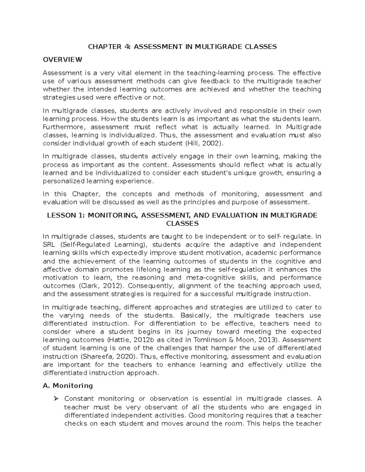 Chapter 4 Lesson 1 - Elective1 - CHAPTER 4: ASSESSMENT IN MULTIGRADE CLASSES OVERVIEW Assessment ...