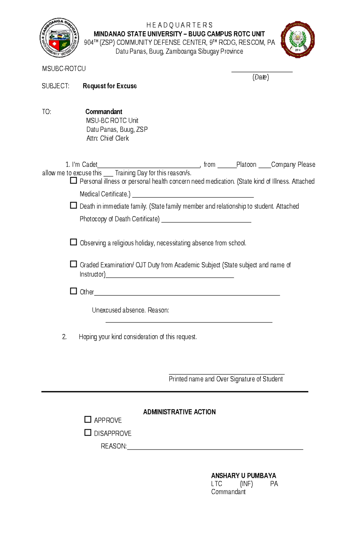 ROTC- Excuse- Letter - hfhdyvyfuv - H E A D Q U A R T E R S MINDANAO ...