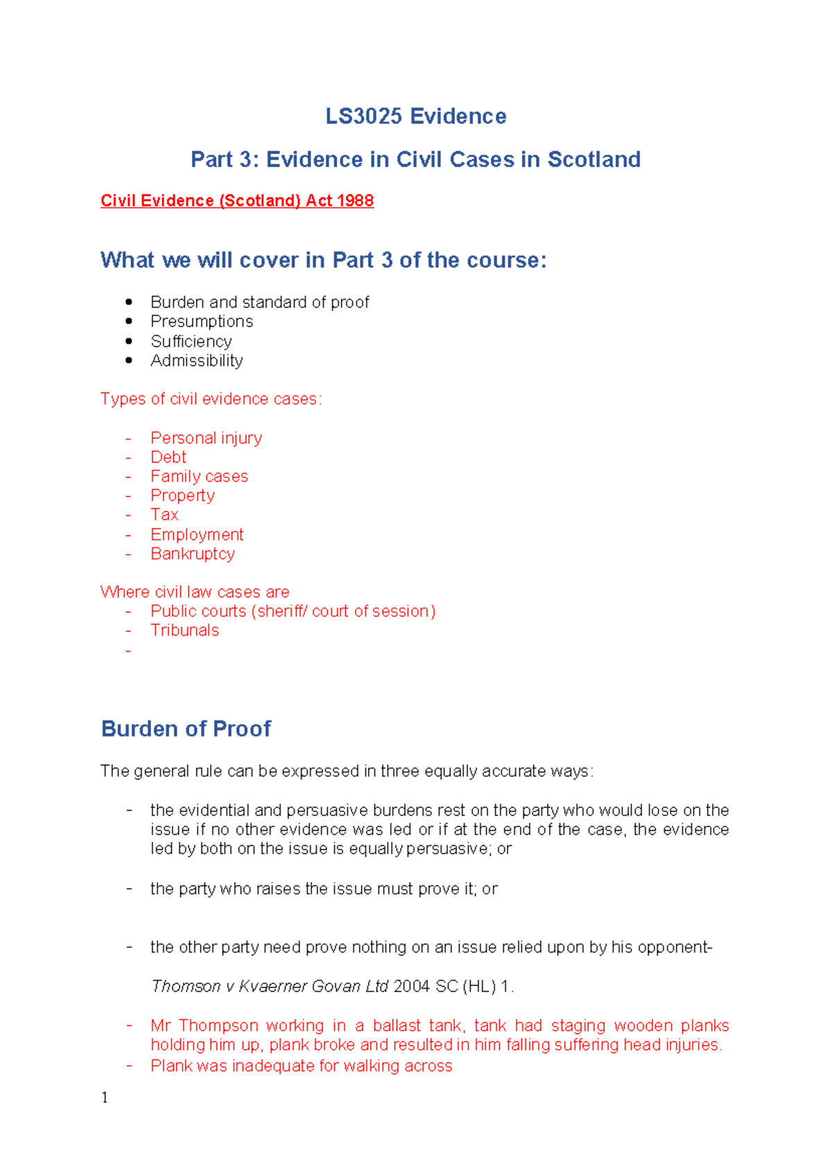 LS3025 Lecture Notes: Evidence in Civil Cases in Scotland - Studocu