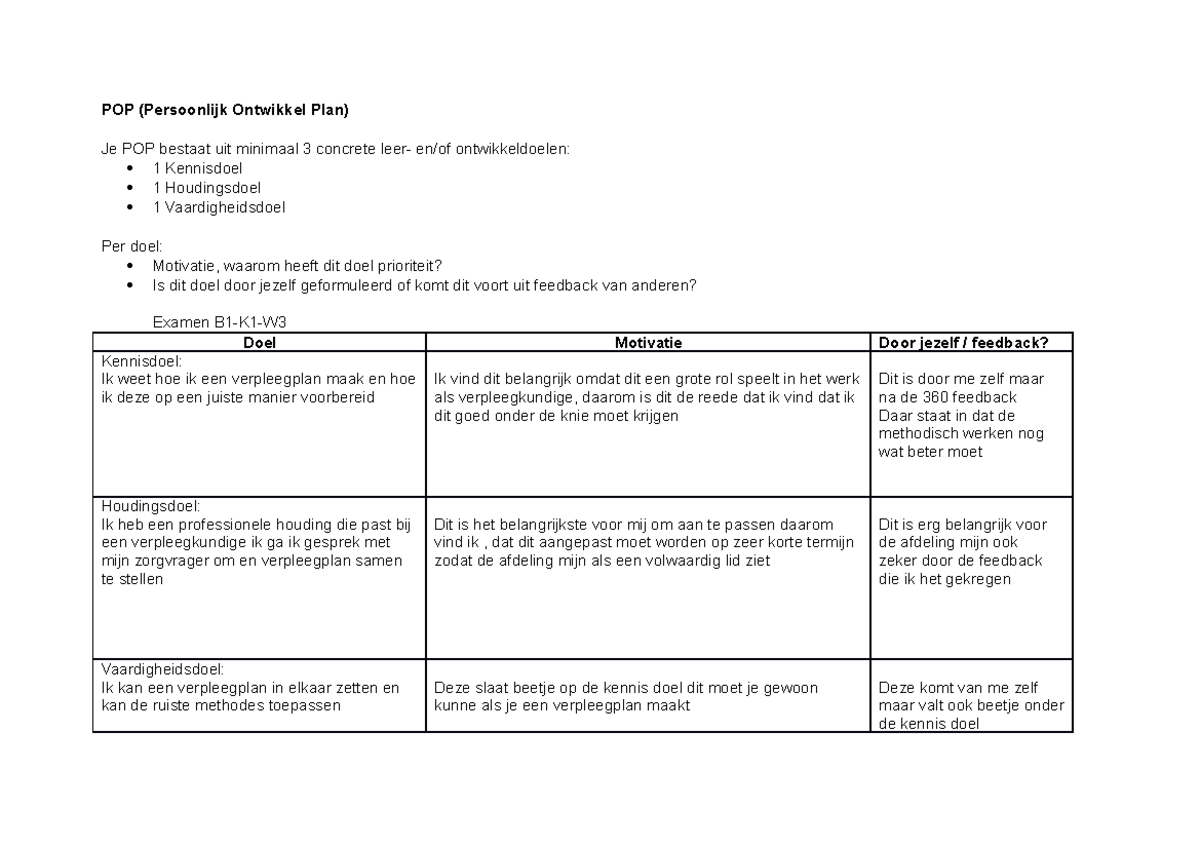 POP B1-K1-W3 - Persoonlijk Ontwikkel Plan voor Verpleegkunde - Studeersnel