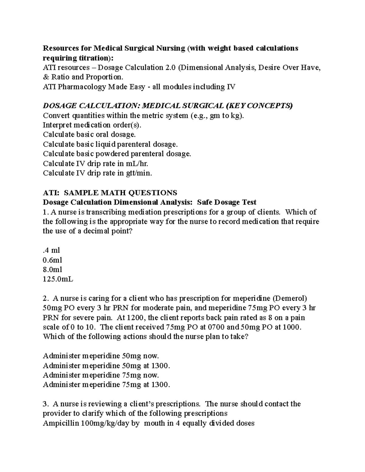 MATH 101: Med Math Review Guidelines for Dosage Calculations - Studocu