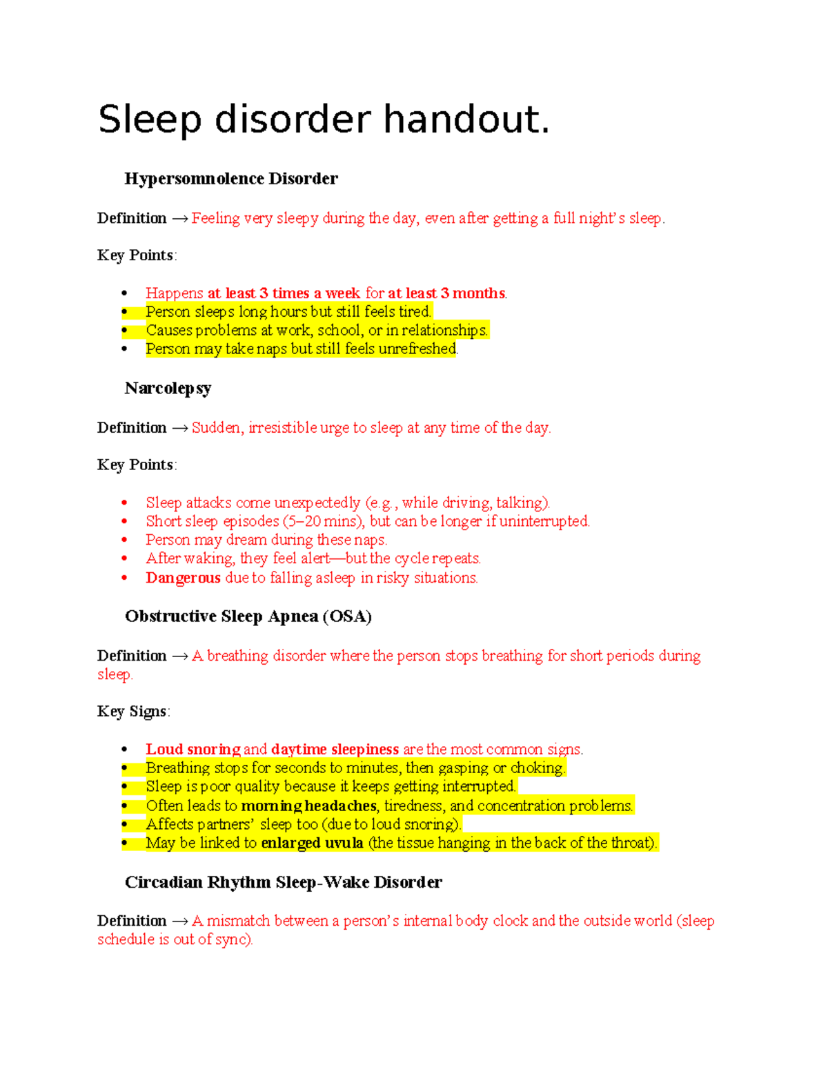 Sleep disorders overview handout: definitions and key points - Studocu