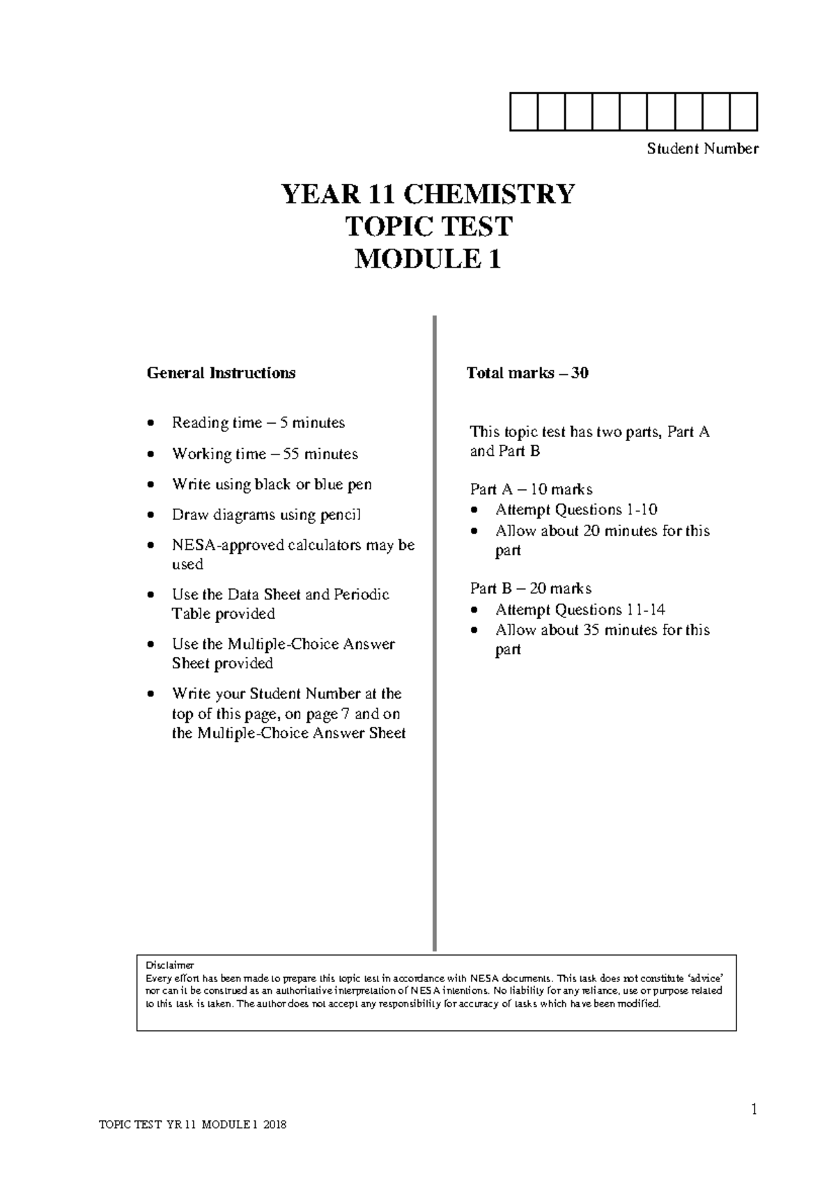 Year 11 Chemistry Module 1 Topic Test - Formative Assessment 3 - Studocu