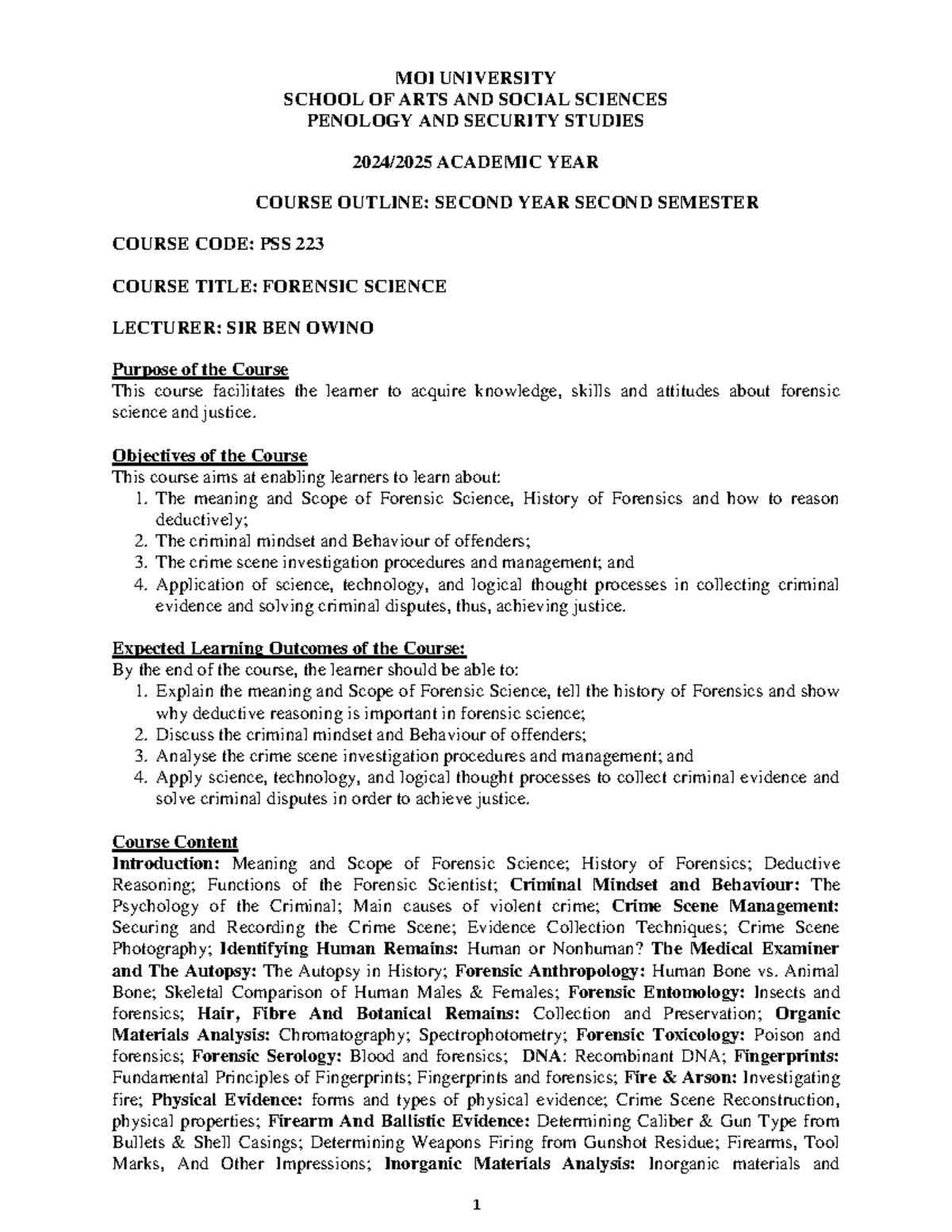 PSS 223 Forensic science course outline for second year, semester two ...