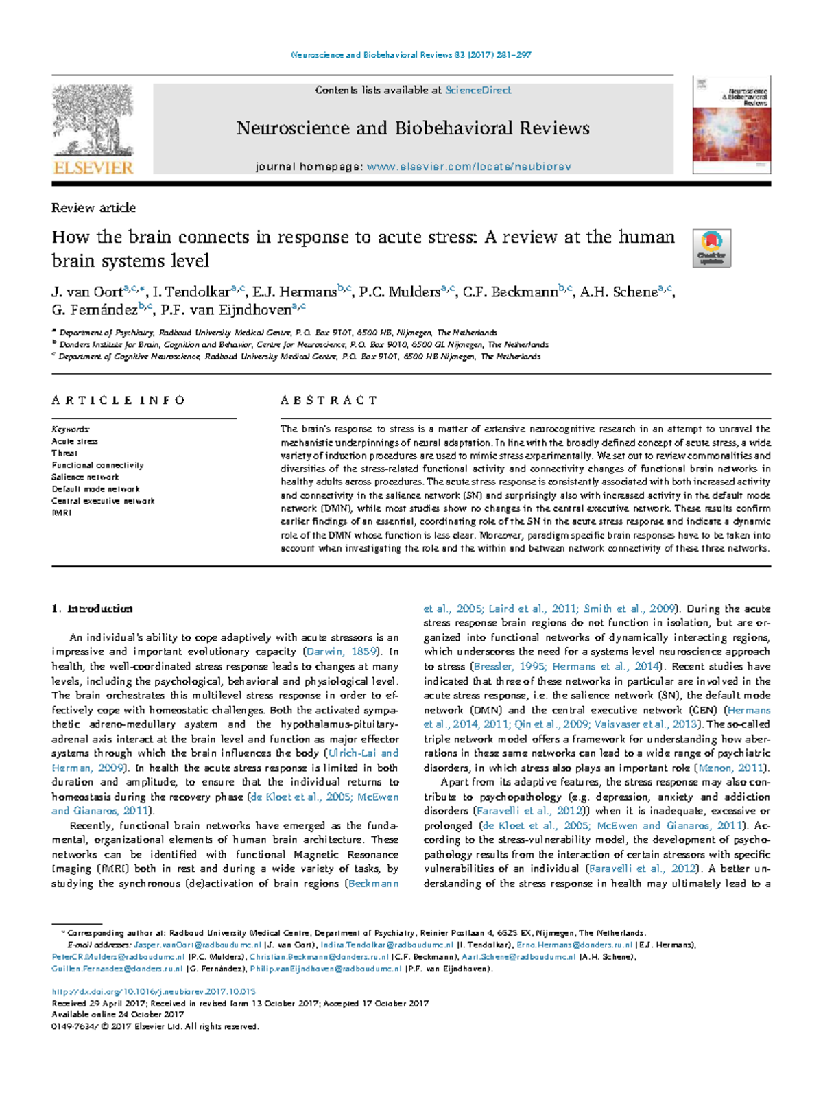 How the Brain Connects in Response to Acute Stress: A Review - Studeersnel
