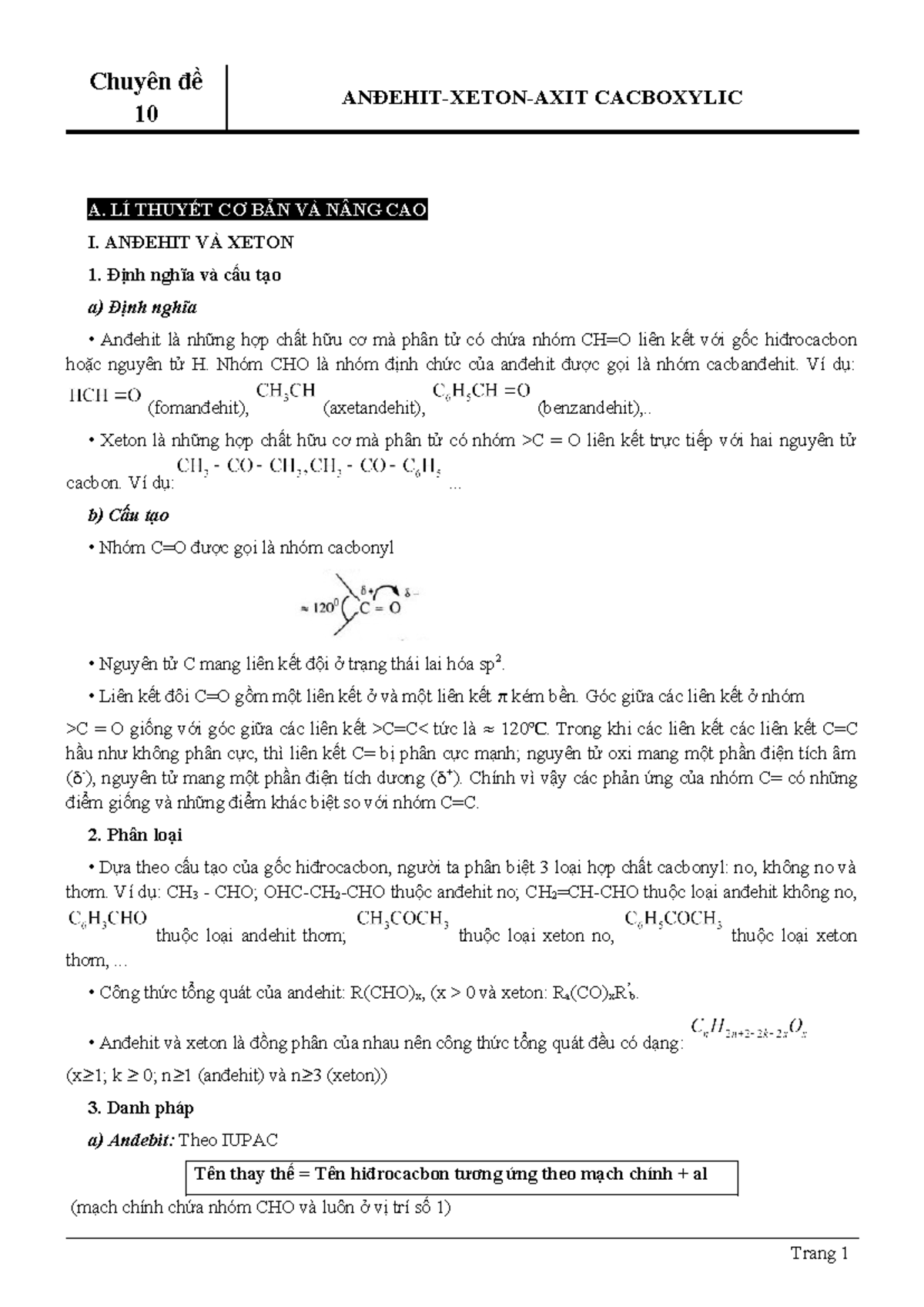 Chuyên Đề 10: Anđehit, Xeton và Axit Cacboxylic - Studocu