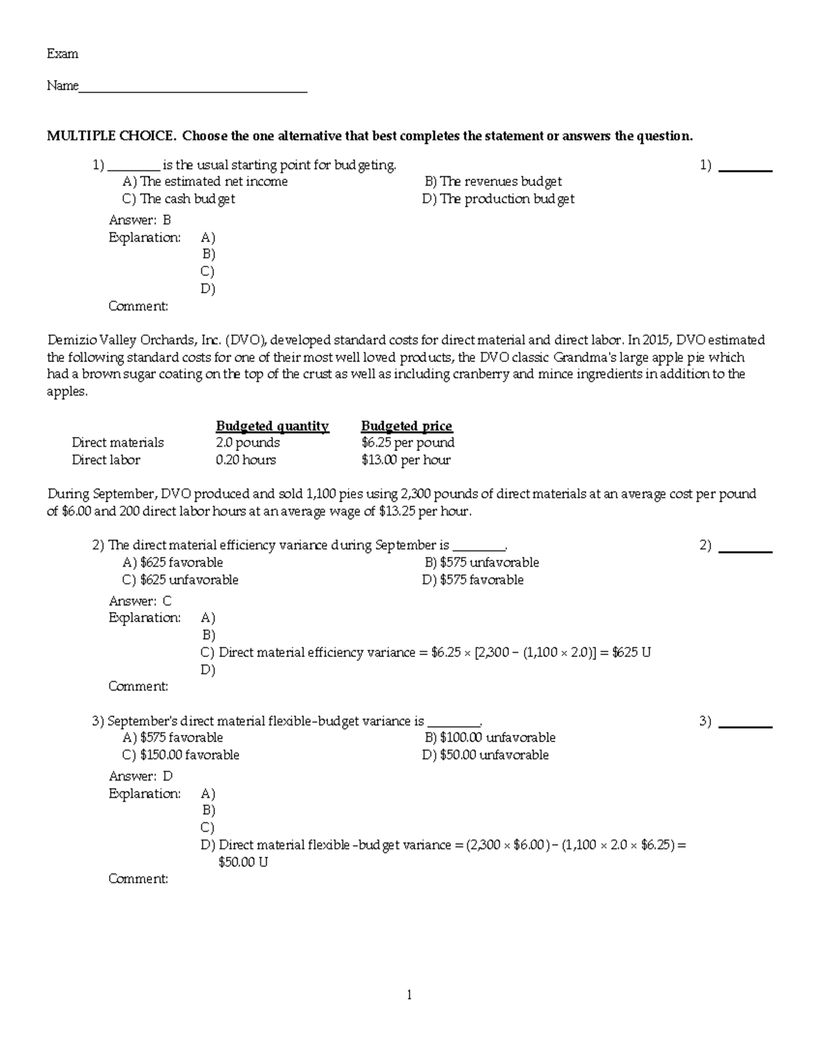 2024-EMBA Management Accounting Exam: Budgeting & Variance Analysis ...