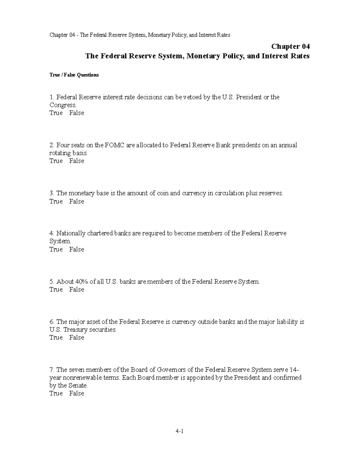 Chap004 - testbank - Chapter 04 - The Federal Reserve System, Monetary ...