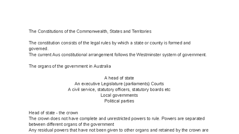 Law Notes: Structure of Commonwealth, States & Territories - Studocu