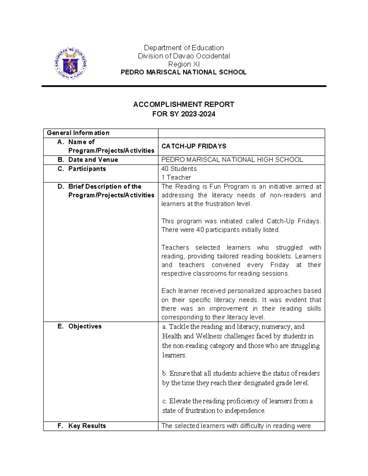 Remedial Reading Accomplishment Report for SY 2023 - Catch-Up Fridays ...