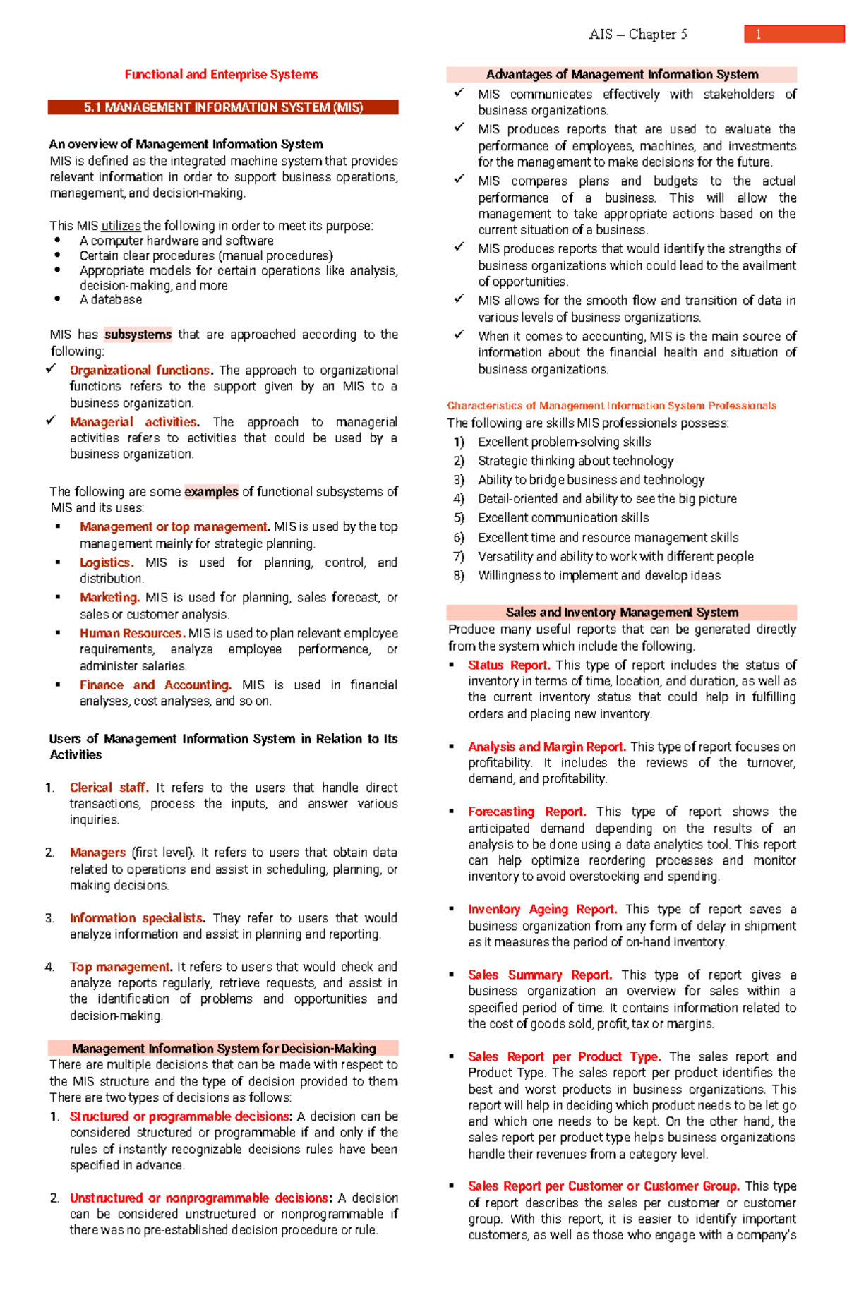 AIS - Lecture Notes - Management Information Systems Overview - Studocu