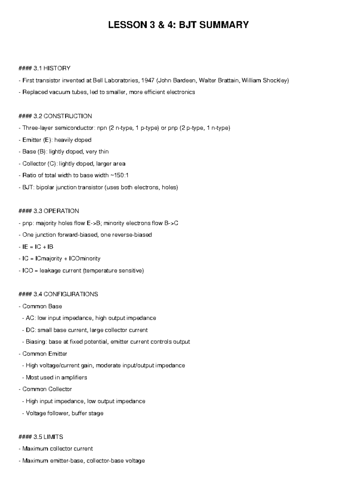 BJT Summary - BECE LECTURE NOTES - LESSON 3 & 4: BJT SUMMARY #### 3 ...