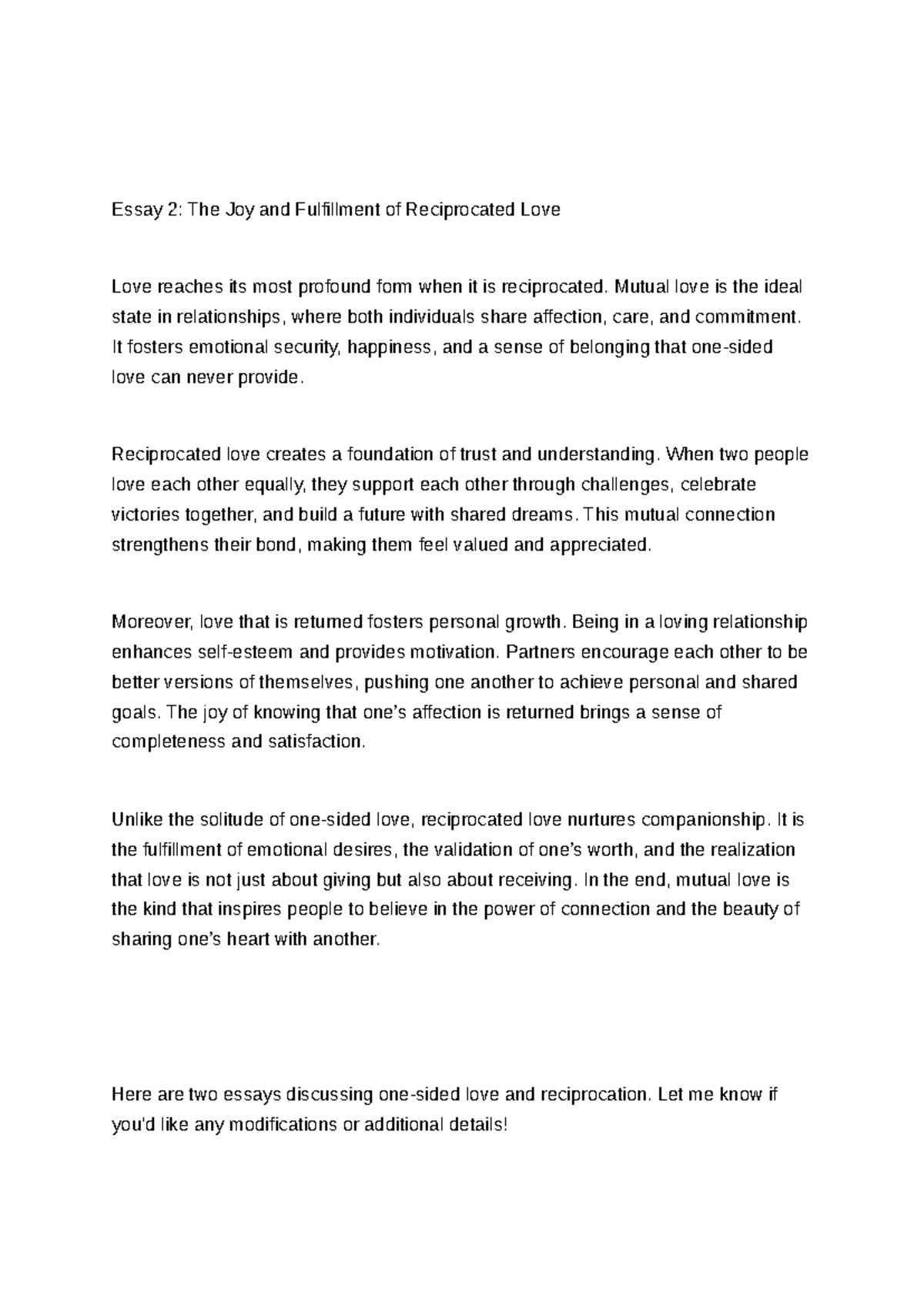 Essay 2: The Joy of Reciprocated Love - Exploring Mutual Affection ...