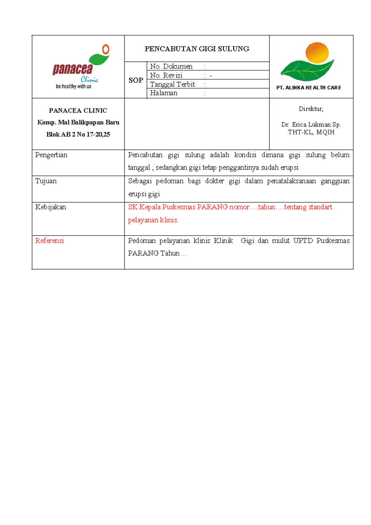 SOP Pencabutan Gigi Sulung di Klinik Panacea - PT. Alinka Health Care ...