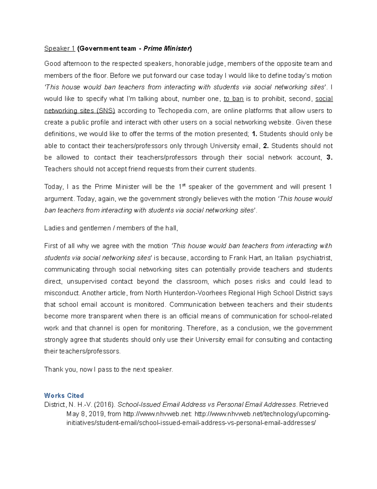 Debate Speech Sample (Prime Minister) - Speaker 1 (Government team ...