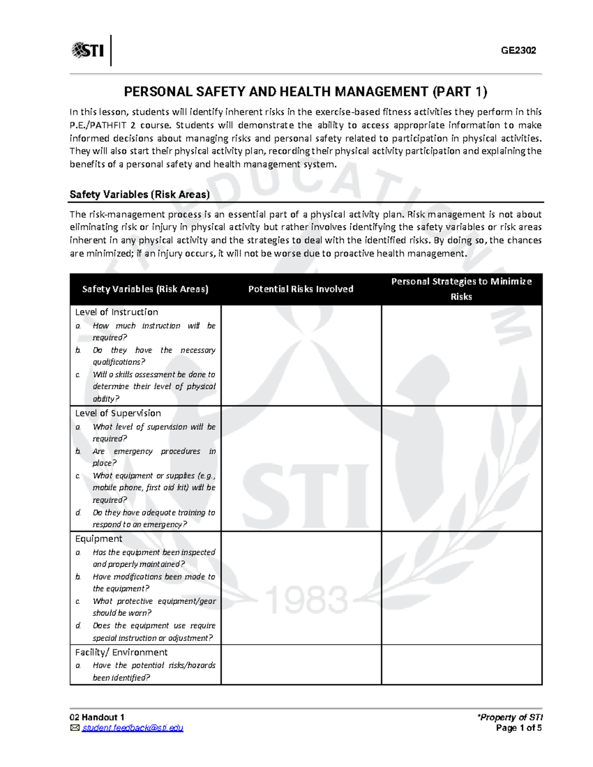 GE2302 Personal Safety & Health Management: Risk Assessment ...