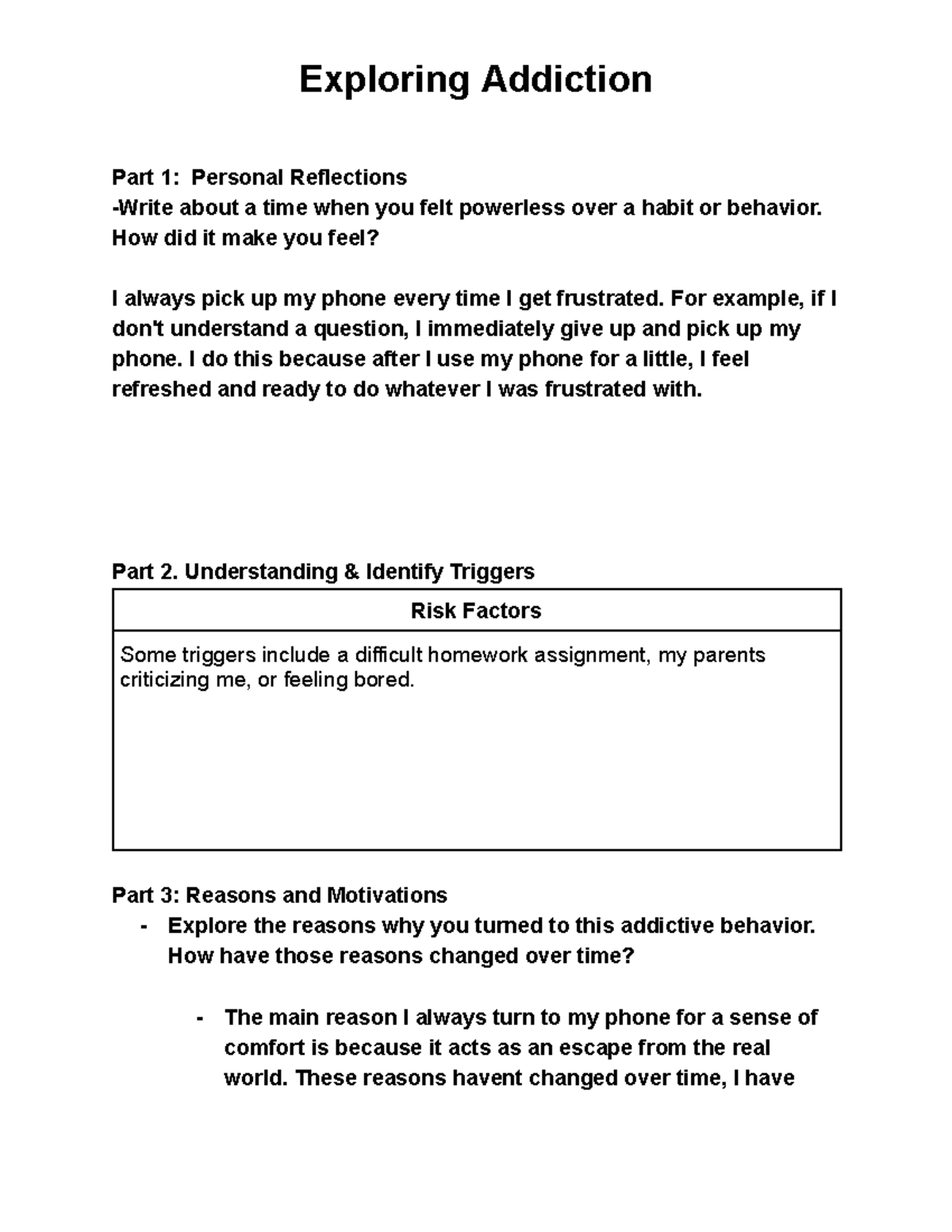 Risk factor worksheet - Exploring Addiction Part 1: Personal ...
