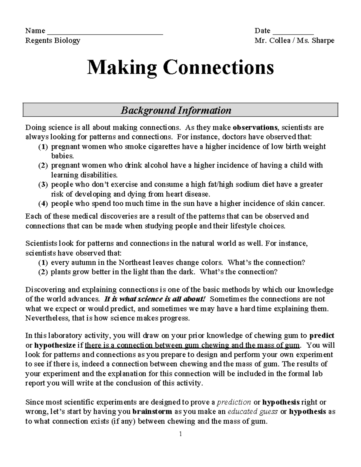 Making Connections Lab (Regents Biology) - Experiment Design and Data ...
